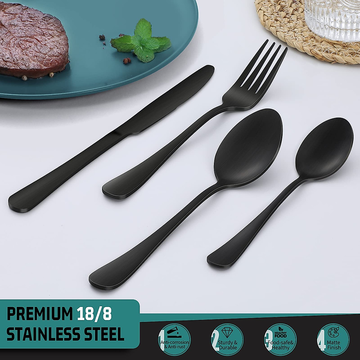 Hiware Matte Black Silverware Set with Serving Utensils for 8, Food Grade Stainless Steel Flatware Cutlery Set for Home and Restaurant, Fork Spoon Knife Set, Hand Wash Recommended