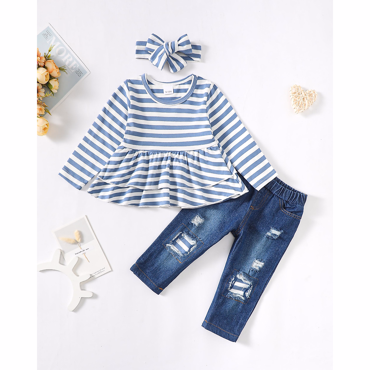 SODLON Baby Girl Clothes 12 18 Months Infant Winter Clothing 18 Months Girl Clothes Fall Toddler 12 Month Girls Clothes Ruffle Striped Top Ripped Denim Pants Jeans Outfits Sets for Girls Blue