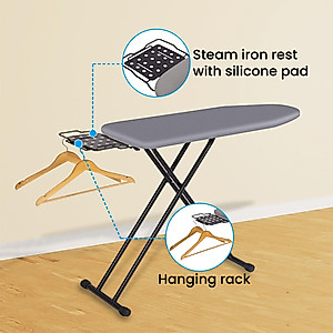 Jakeefud Deluxe Ironing Board with Extra Thick Heavy Duty Padded Cotton Cover,Hanger Iron Board,Lightweight and Easy Storage with Smart Hanger, for Small Spaces, Laundry Rooms (Size 43.3"x12.2") Grey