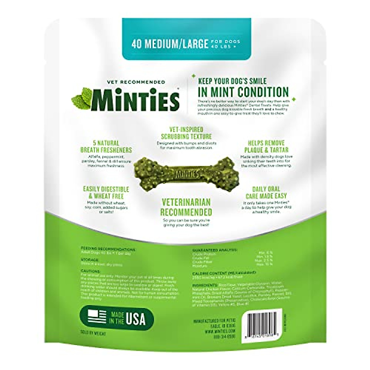 Minties VetIQ Dog Dental Bone Treats, Dental Chews for Medium/Large Dogs (Over 40 Lbs), 32 Ounces, Green, 40 Count