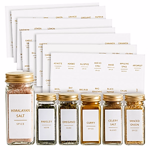 140 Pieces Gold Spice Jar Labels, Minimalist Preprinted All Caps Text on White Stickers for Seasonings, Herbs, Kitchen Organization (Water Resistant)