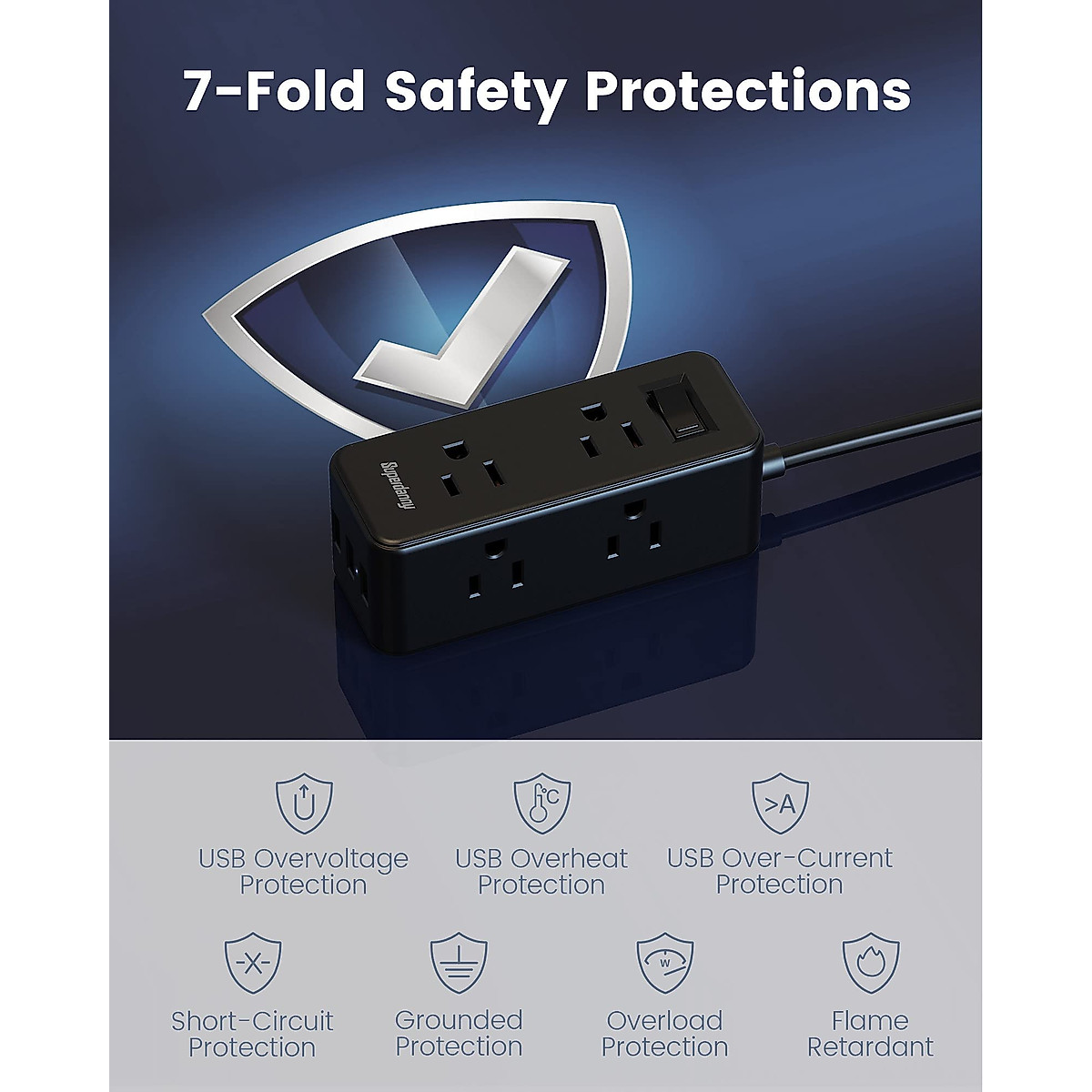 Power Strip Surge Protector with USB, SUPERDANNY Mini Flat Plug Extension Cord with 6 Widely Space Outlets & 3 USB Ports 5 Ft, Wall Mount, Compact & Small Charging Station for Office/Travel, Black