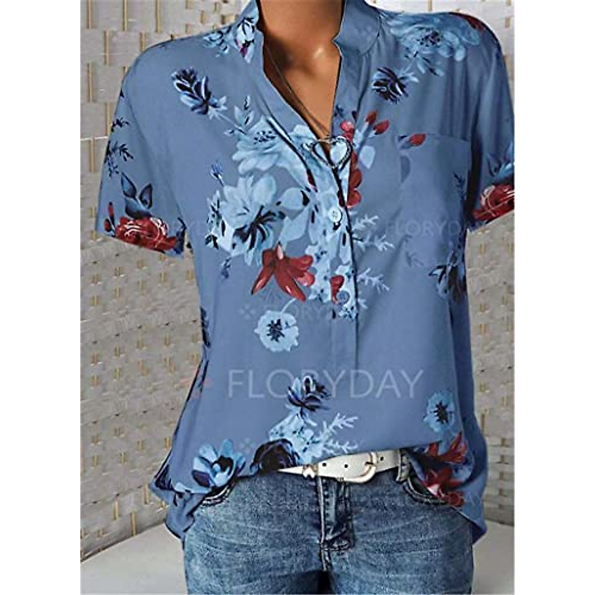 Andongnywell Women's Short Sleevele Summer V Neck Floral Printed Tops Casual Loose Ruffle Blouse Shirts (Blue,6,3X-Large)