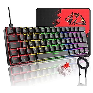 60% True Mechanical Gaming Keyboard Ultra-compact with 20 Rainbow Backlit Type C Wired Programmable 62 Keys Linear Red Switch Waterproof Non-Conflict and Gaming Mouse Pad  for PC/Laptop/PS5（Black)