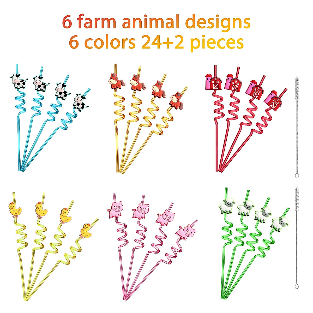 24 Reusable Farm Animal Plastic Straws Chicken Sheep Horse Cow Pig for Barnyard Farm Birthday Party Supplies Gift Favors with 2 Cleaning Brushes