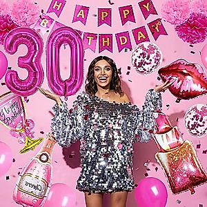 Crenics Rose Pink 30th Birthday Decorations for Women - Happy Birthday Banner, Paper Pom Poms, 30 Number Balloon, Lipstick Champagne Balloons and 24 Latex Balloons for Women 30 Birthday Party Supplies