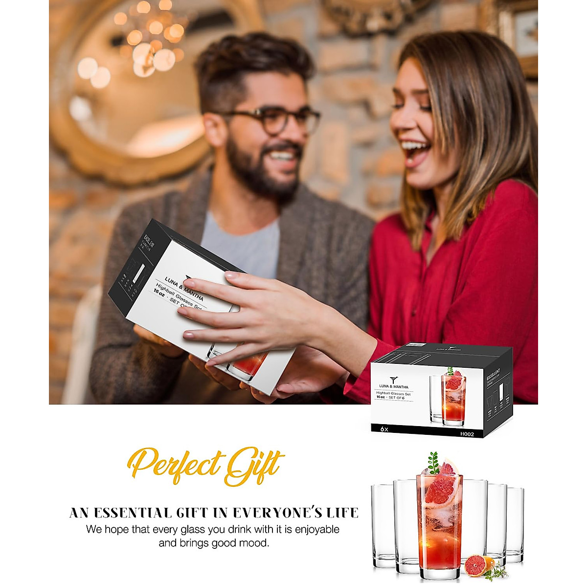 LUNA & MANTHA Drinking Glasses Highball Glasses Set of 6, Water Glasses 16oz, Wide Mouth Design Lead-Free Crystal Glassware, Cocktail Glasses Drinking Set, Tall Glass Cups for Mojito and Tom Collins