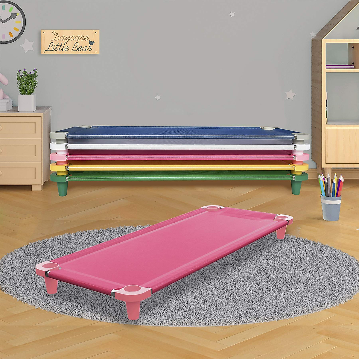 Acrimet Nap Cot for Kids, Portable Toddler Child Bed, Stackable, 52" L (Stainless Steel Tubes) (Pink Breathable Mesh Fabric - Pink Feet) (1 Pack)