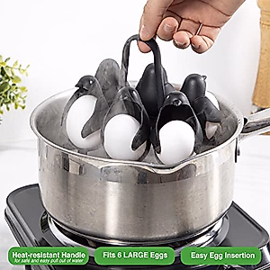 Egg Holder Hard Boiled Egg Cooker - Penguin Shaped Boiled Eggs Cooker - 3-In-1 Cook, Store And Serve Egg Holder Kitchen Gadget Home Decor - Egg Rack for 6 Soft or Hard Boiled Egg - Black
