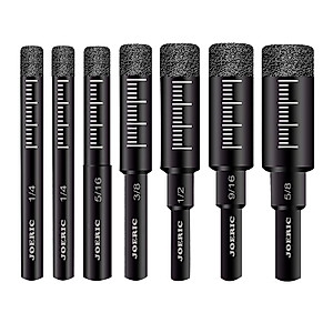 JOERIC 7 PCS Black Dry Diamond Drill Bit Set, for Granite Marble Tile Ceramic Stone Glass Hard Materials (Not for Wood) Round Shank with Size 1/4, 5/16, 3/8, 1/2, 9/16,5/8 inches