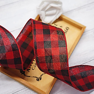 CT CRAFT LLC Plaid Cambridge Gingham Buffalo Wired Ribbon 2.5" x 50 Yards Black with Red for Christmas Home Decor Tree Topper Bow Gift Wrapping DIY Crafts Wreath Garland Wedding