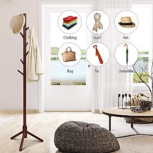 Tangkula Coat Rack Freestanding, Rubber Wood Coat Stand with 8 Hooks, Height Adjustable Entryway Coat Tree Coat Hanger Stand for Home Office Hall Entryway