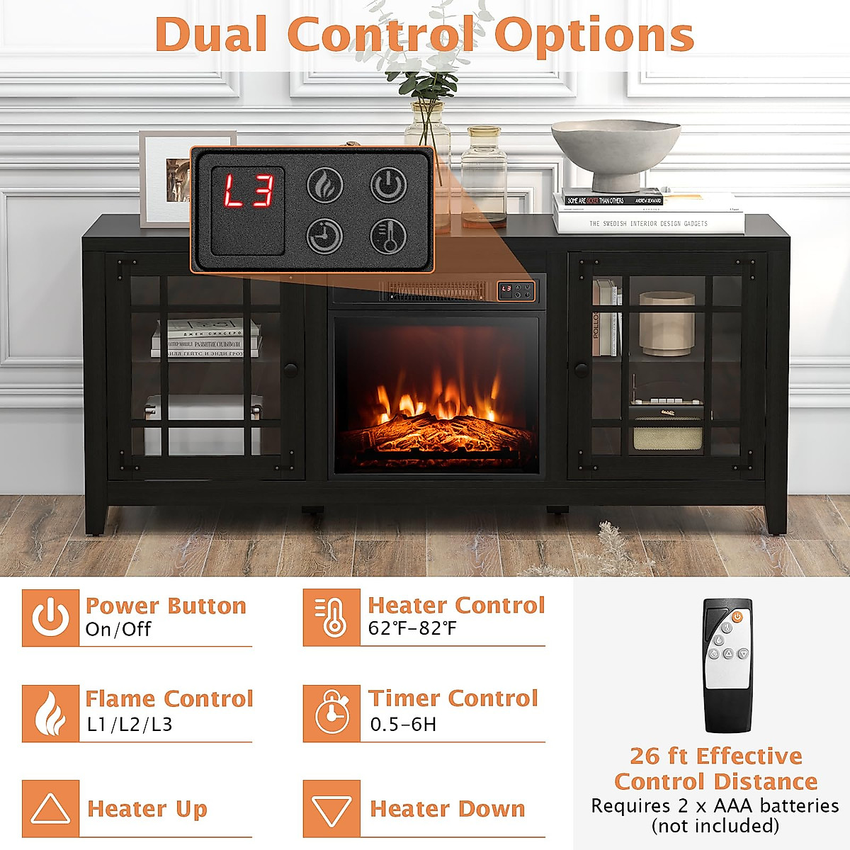 GOFLAME 58" Fireplace TV Stand for TVs up to 65 Inches, Wooden TV Console with 18” Electric Fireplace Insert, Fireplace TV Cabinet, Entertainment Center with Remote Control, Adjustable Shelves, Black