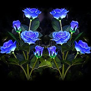 Outdoor Realistic Solar Powered Rose Flower Lights Stake,2 Pack 10 Rose Solar Garden Decorative Waterproof Lights for Backyard Patio Pathway Xmas Decoration-Blue