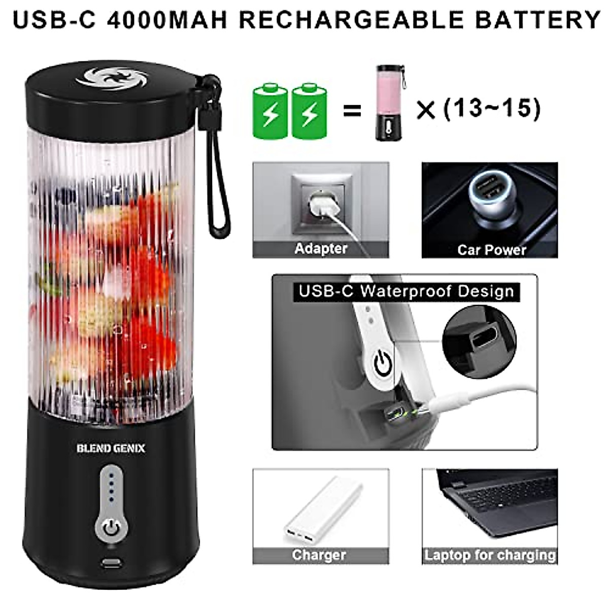 Blend Genix Blender for Shakes and Smoothies – Advanced Portable Fruit Blender with USB Charging Premium Blender Bottle with 450ml Capacity Lightweight and Durable Materials Practical Lanyard, Black