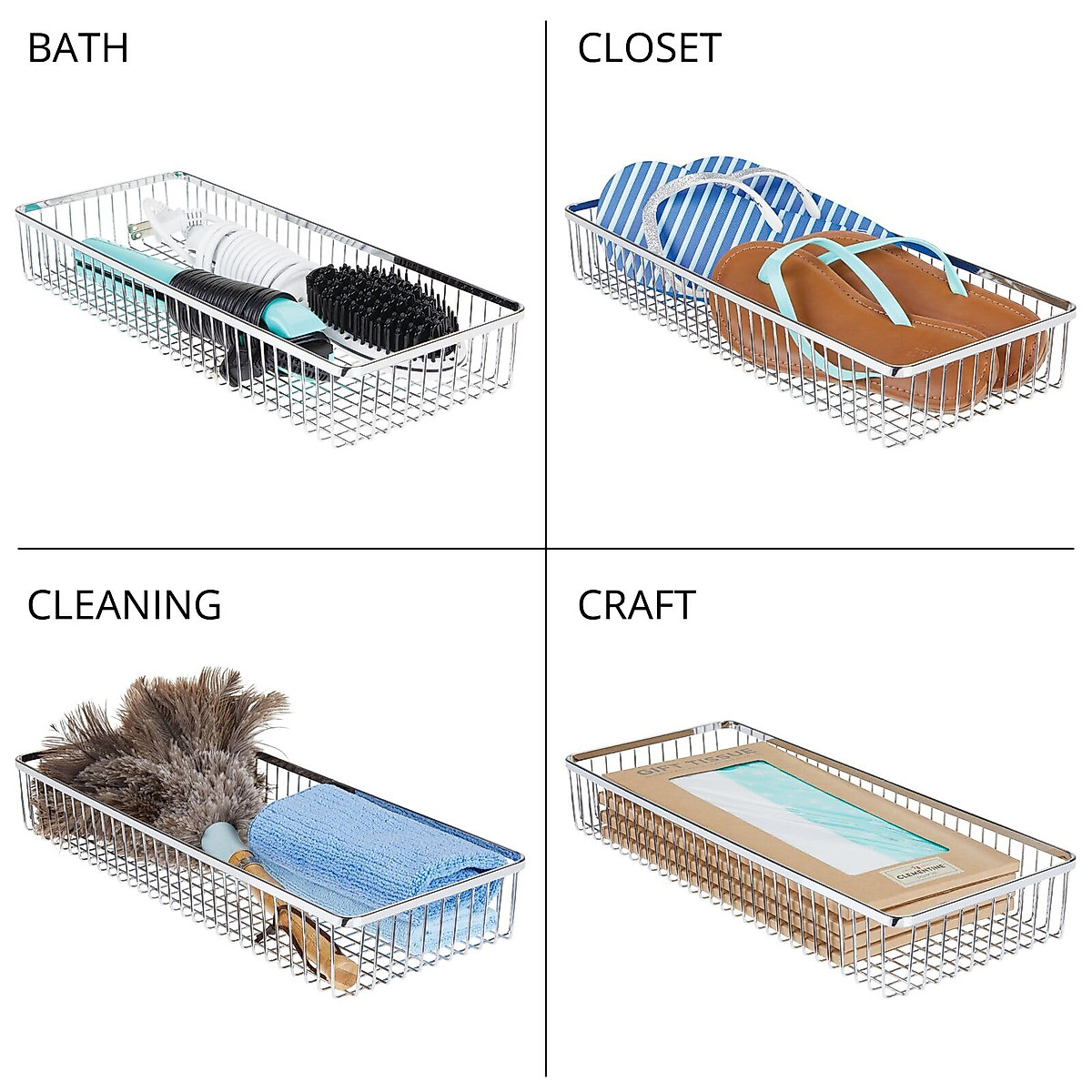 mDesign Metal Farmhouse Kitchen Cabinet Drawer Organizer Basket Tray, Shallow Storage Bin for Cutlery, Serving Spoons, Cooking Utensils, Appliances, Gadgets, Unity Collection, 15" Long, 2 Pack, Chrome
