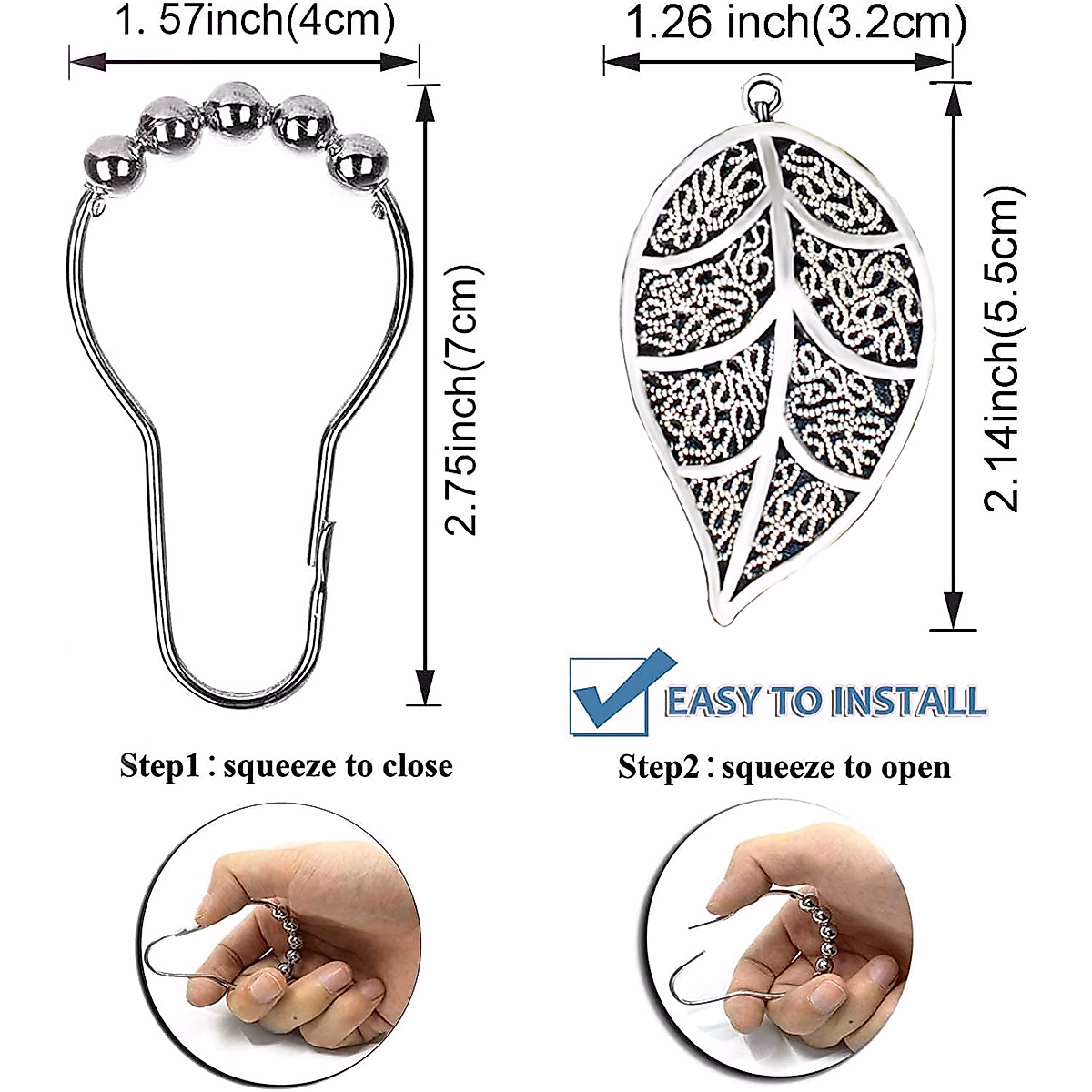 Yuiviot Shower Curtain Hooks Rings【12pack】, Silver Leaves Decorative Alloy Pendants, Rust Proof Stainless Steel Hooks for Bathroom Rod, Anti-Corrosion Hanger, Nickle Brushed Heavy Duty Roller