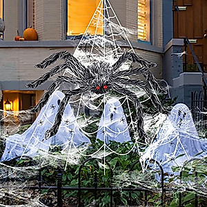 YUJUN Halloween Giant Spider Decorations 59'', Halloween Web Decor Scary Giant Spider with 100PCS Small Fake Plastic Spiders 275'' Giant Spider Webs for Halloween Outdoor and Indoor Decoration