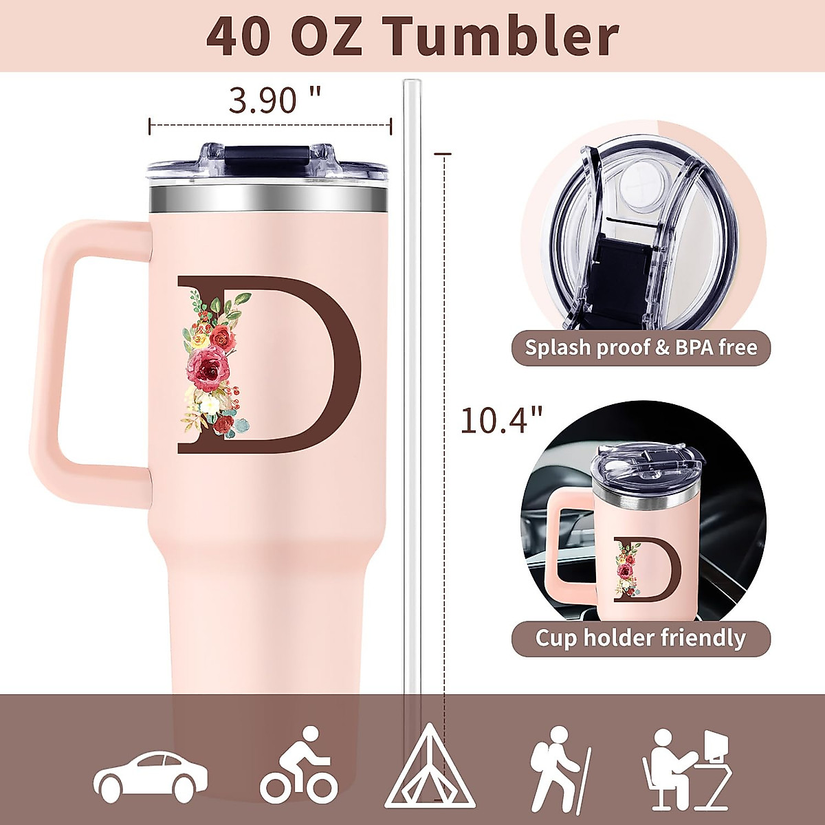 Monogrammed 40oz Tumbler with Handle for Women, Personalized Birthday Gifts for Women,Initial Cups for Woman Floral Letter D,Customized Gifts for Female Lady Gift for Mothers Day Christmas