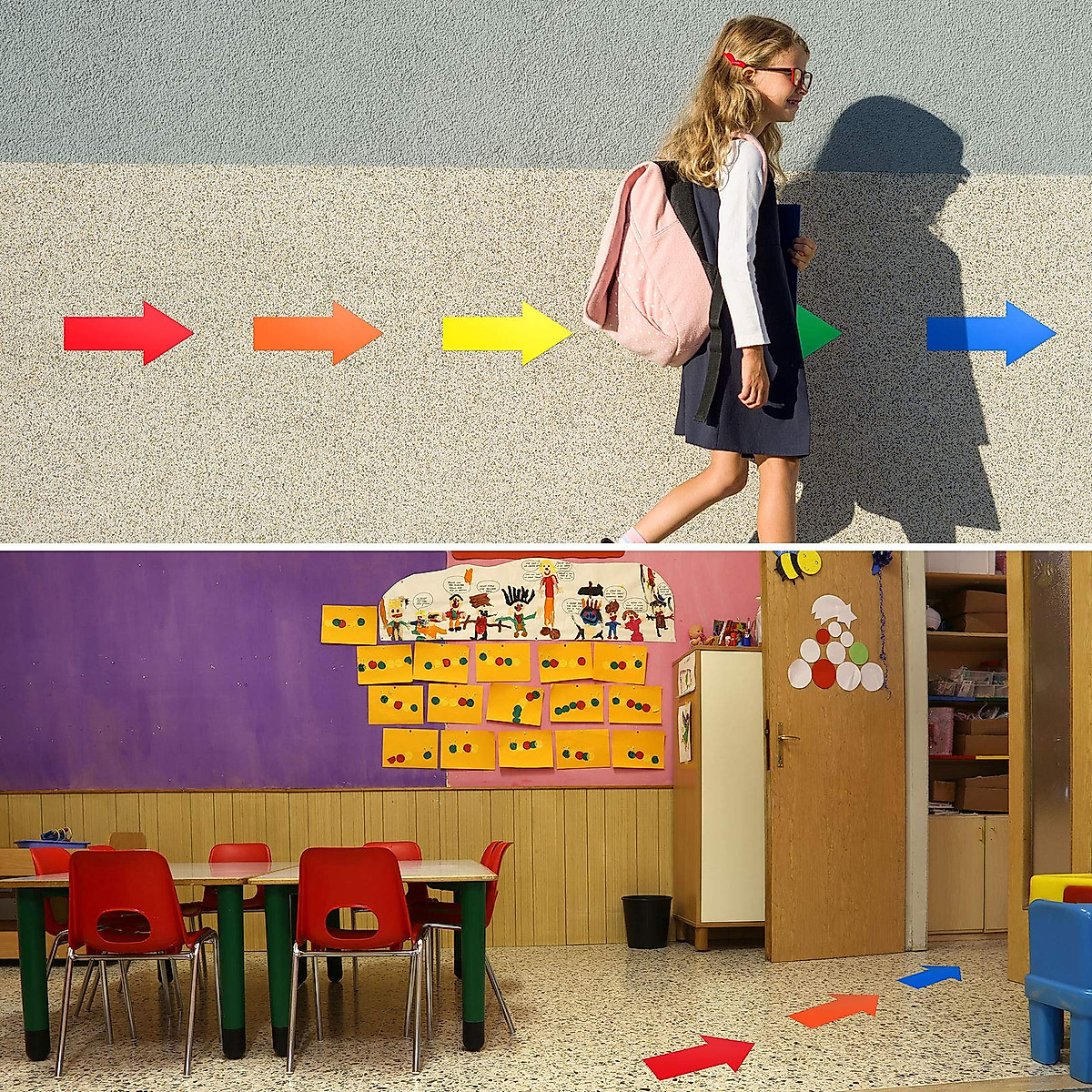 40 Pieces 8 Inch Arrow Sticker, Directional Arrow Sign Removable Adhesive Arrow Floor Decal Waterproof Arrow Marking Arrows Safe Road Instructions Sticker (Dark Blue, Green, Red, Orange, Yellow)