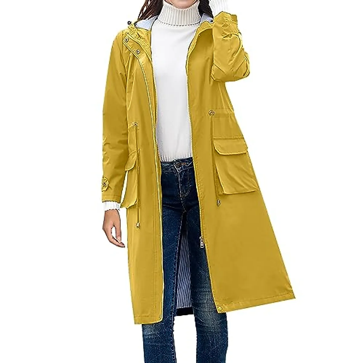 Womens Winter Coats, Solid Colored Hooded Long Sleeved Trench Coat With Striped And Straight Tube Jacket Plus Size Raincoat For Women Coat Pea Jackets, Puffer Coats (XL, Yellow)