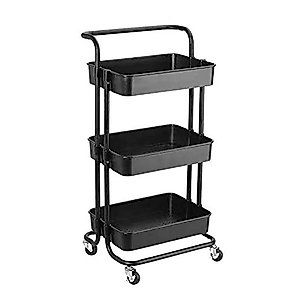 XGATML ALA7 3-Tier Rolling Utility Cart with Roller Wheels Service Cart with Handle Mobile Storage Organizer for Kitchen, Bathroom, Office, Coffee Bar(Black)
