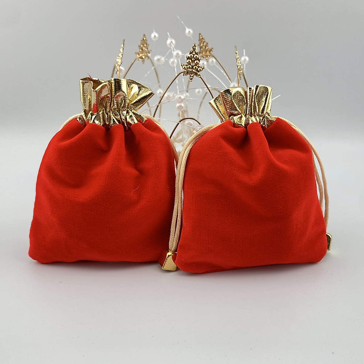 Palmhomee Pack of 12 Velvet Drawstring Bags With Gold Color Openning Gift Bag Velvet Pouch For Jewelry Wedding and Party Favor (5x6 Inch, Red+Gold Openning)
