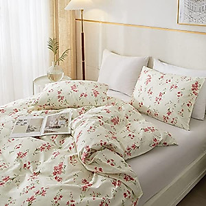 EAVD Pink Floral Duvet Cover Twin Soft 100% Cotton Aesthetic Bedding Set Chic Shabby Pink Floral Bedding Set for Girls Elegant Artistic Style Floral Comforter Set with Zipper Closure(NO Comforter)