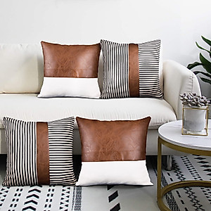 cygnus Decorative Throw Pillow Covers 18x18 Inch Faux Leather Stitching Canvas and Black Stripe Pattern Modern Farmhouse Covers Set of 4