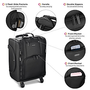 BYOOTIQUE Rolling Makeup Train Case Soft Sided Makeup Storage Cosmetic Organizer Carry on Travel Trolley Suitcase with Heat Isolation Side Pocket 6 Removable Bag for Makeup Artist Hairstylist, Black