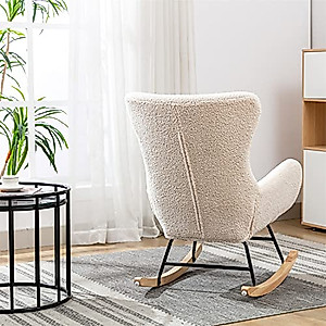 Tsuysi Teddy Rocking Chair Nursery, Upholstered Rocking Chairs with High Backrest and Armrests, Small Glider Chair for Nursery, Living Room, Bedroom (Beige)