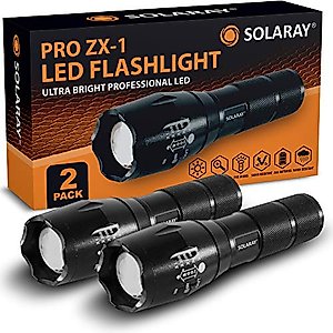 Solaray (New) Handheld LED Tactical Flashlights – Professional Series ZX-1 (2 Pack) – Bright High Lumen, 5 Light Modes, Adjustable Focus, Water Resistant - Great Gift for Men