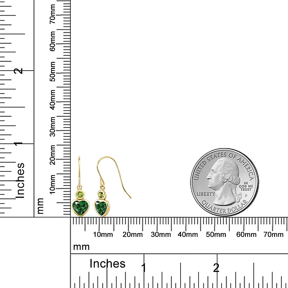 Gem Stone King 14K Yellow Gold Green Nano Emerald and Green Peridot Drop French Wire Earrings For Women (1.10 Cttw, Gemstone May Birthstone, Heart Shape 5MM, Round 3MM)