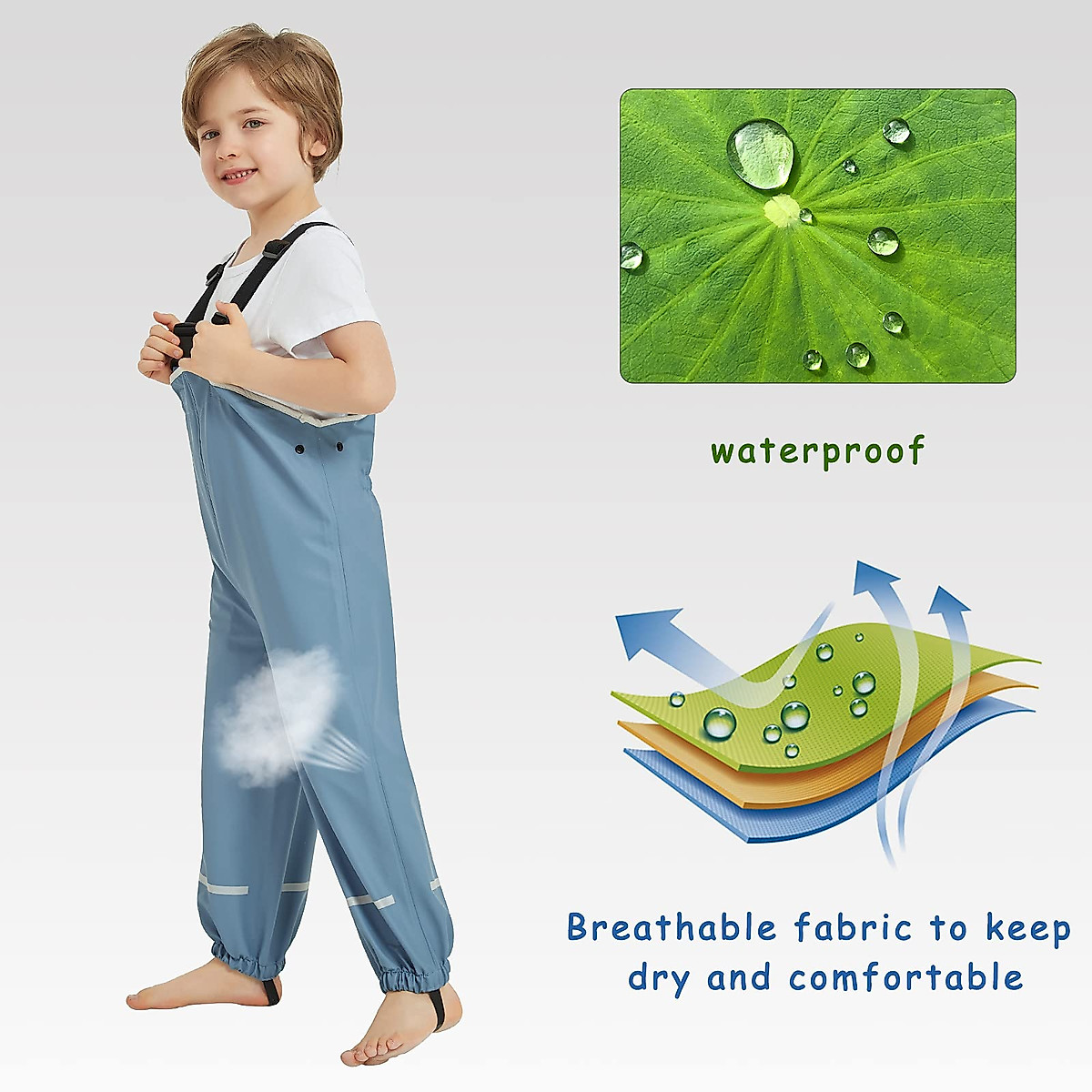 Kids Waterproof Rain Pants Dirty Proof Suspender Trousers for Boys and Girls Pale Blue M (for 3-4T)