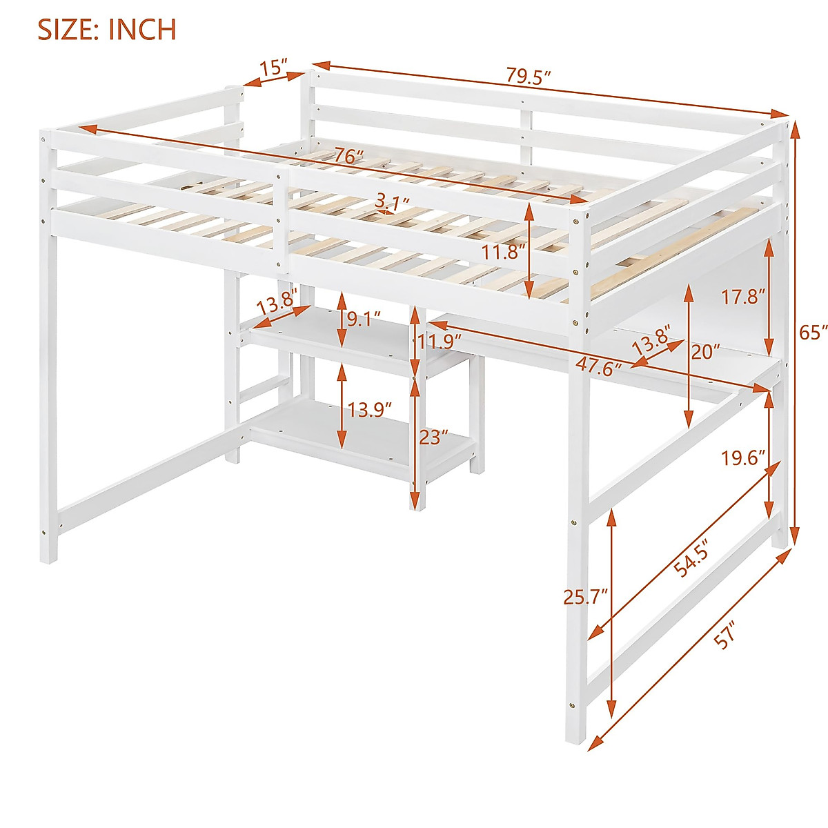 Full Size Loft Bed with Desk and Storage,Wood loft beds,for Girls Boys Teens Adults,No Box Spring Needed（White）