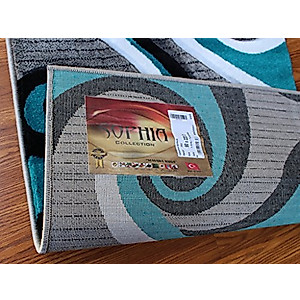 Masada Rugs, Sophia Collection Hand Carved Area Rug Modern Contemporary Turquoise White Grey Black (2 Feet X 7 Feet 3 Inch) Runner