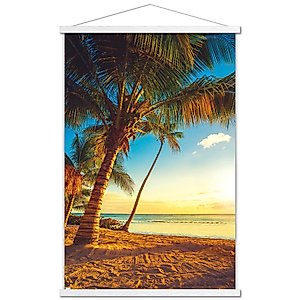 Trends International Scenery-Sunset on The Beach Wall Poster with Magnetic Frame, 22.375" x 34", Premium Print and White Hanger Bundle