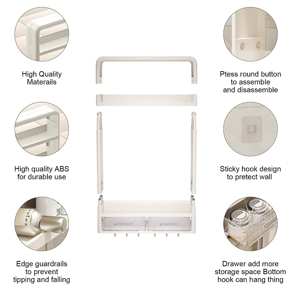 Oroonoko 2 Tier Plastic Bathroom Shelf Wall Mounted,Adhesive Shower Caddy Storage with 2 Drawers and 6 Hooks for Bathroom Kitchen Refrigerator (2 Tiers with Draws)