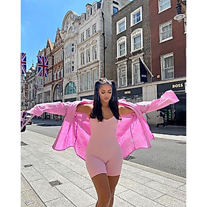 eoeoo Women's Ribbed Seamless Athletic Square Neck Workout Tank Bodycon One Piece Romper Pink Small