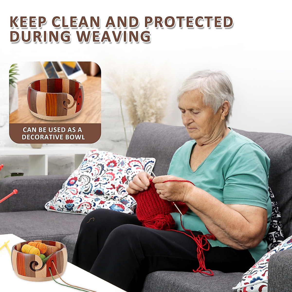 Wooden Yarn Bowl, 7x7x3in Knitting Yarn Bowl, Round Yarn Holder for Crocheting, Large Crochet Bowl Holder with Carved Holes, Weaving Thread Bowl, Yarn Basket Yarn Storage Bowl for DIY Handmade Crafts