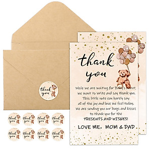 Kisston 50 Sets Baby Shower Thank You Cards 50 Bear Thank You Cards with 50 Envelopes and Stickers Thank You Gift Card for Baby Shower Gender Reveal Party Favor for Girl Boy(Brown)