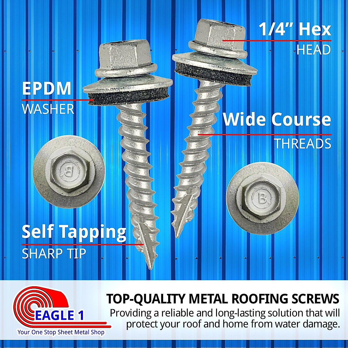 EAGLE 1 Metal Roofing Screws #10 - Painted Hex Head Self-Tapping Screws with EDPM Rubber Washer for Metal to Wood, Vinyl, Small Sheet Metal - Free Magnetic Driver (Zinc, 2 Inch, 500)