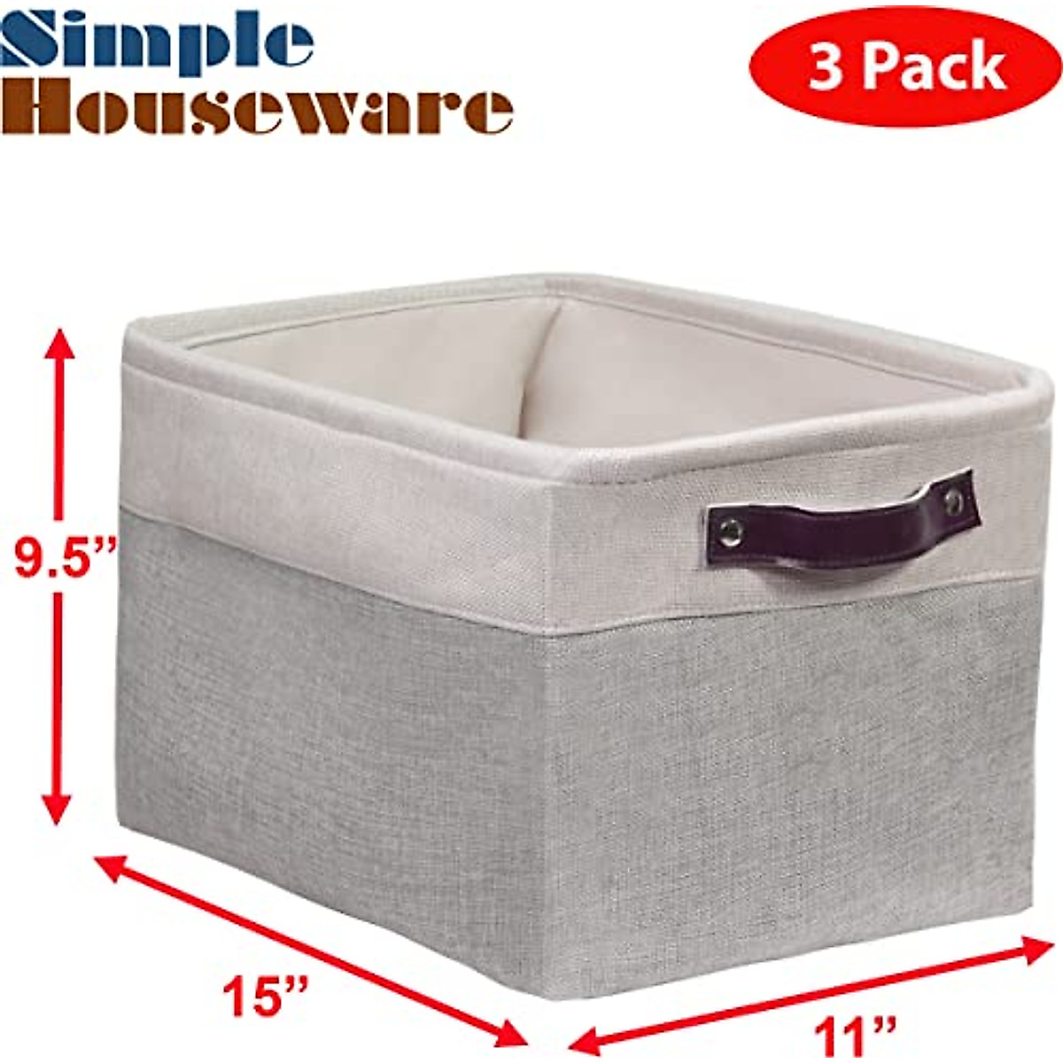 Simple Houseware 3 Pack Grey Fabric Storage Bin with Leather Like Handles