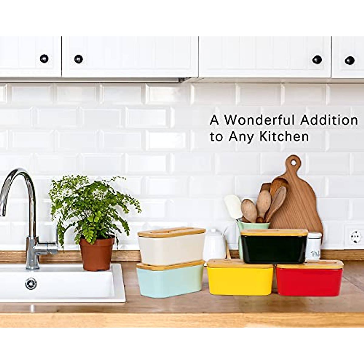 Large Ceramic Butter Dish with Airtight Lid and Knife for Countertop- Holds Up to 2 Sticks Butter Container with Bamboo Lid