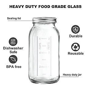 Xylanor 64 OZ Wide Mouth Mason Jars with Lids, Heavy Duty Glass Airtight Storage Canning Jar and Band Half Gallon / 2 Quart, Set of 3
