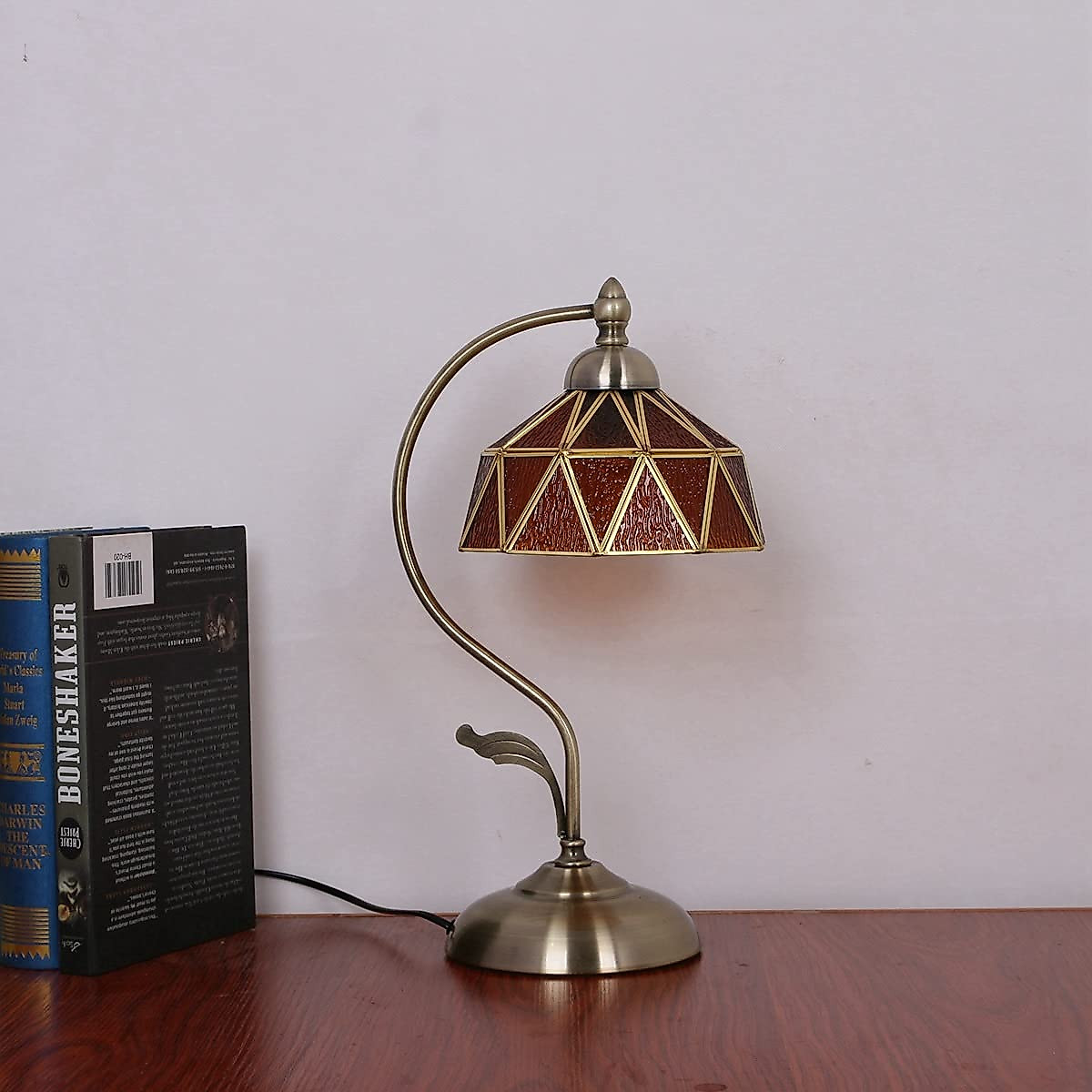 DOnhek Antique Reading Lamp Tiffany Style Classical Lamp Retro Bedside American Desktop Study Brass Decoration Personality Glass Table Lamp (Coffee Color)