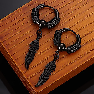 SAILIMUE 8Pairs Surgical Stainless Steel Huggie Hoop Earrings For Men Women Hypoallergenic Punk Hip Hop Cool Goth Earrings Black Silver Vintage Feather Drop Dangle Earrings Set