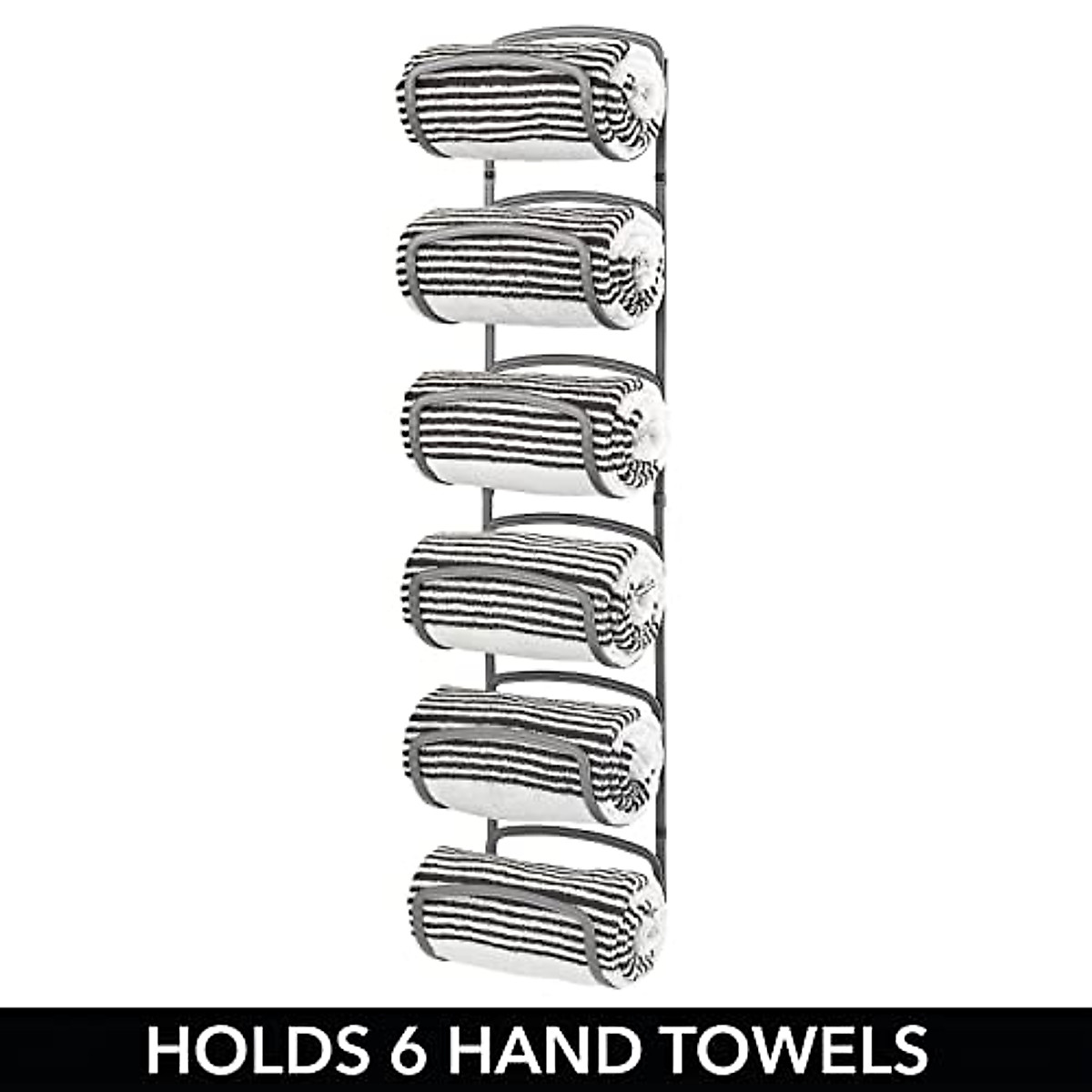 mDesign Steel Towel Holder for Bathroom Wall - Wall Mounted Organizer for Rolled Bath Towels - Six Level Wall Mount Towel Storage Rack - Bathroom Towel Organizer - Hyde Collection - Graphite Gray