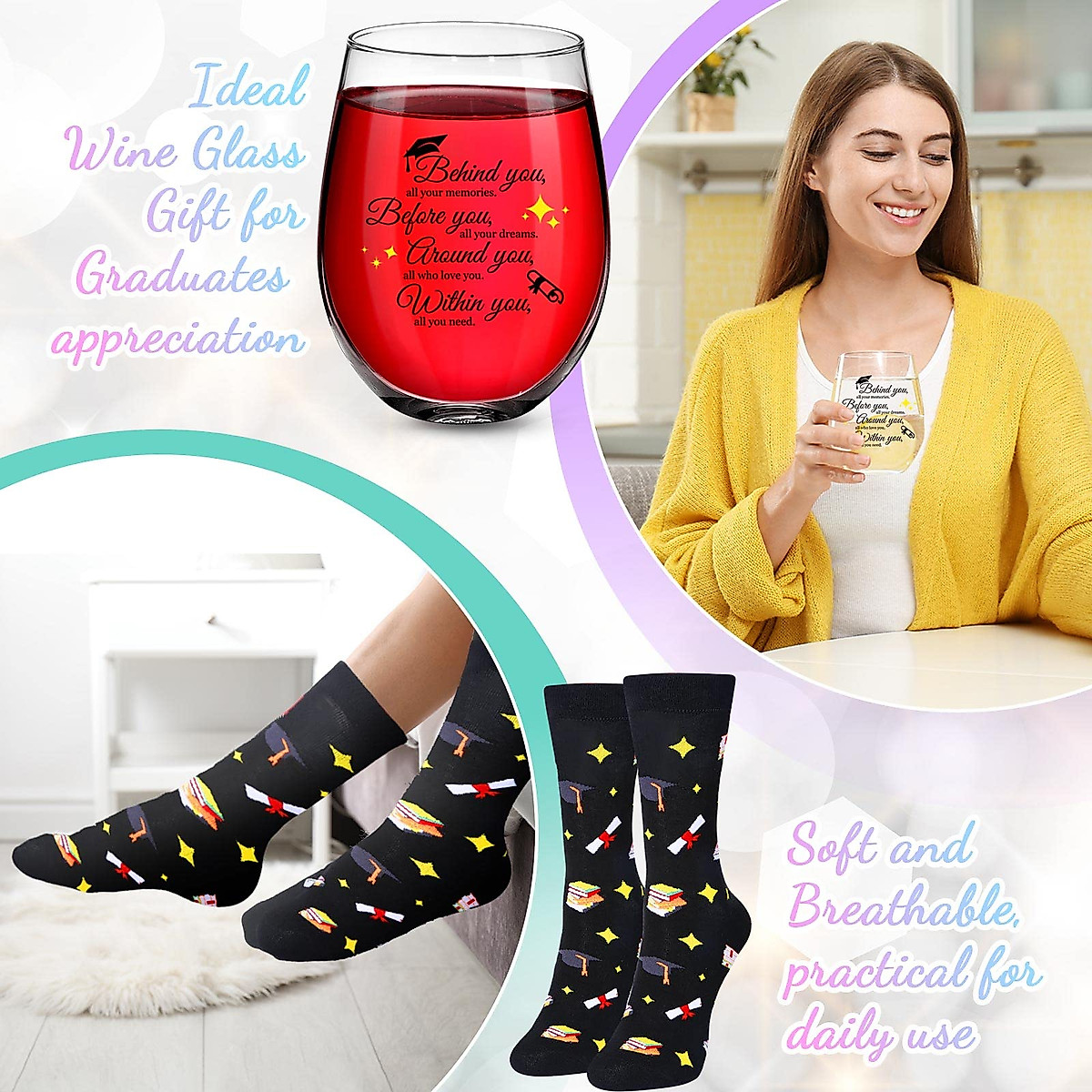 Patelai 2024 Graduation Gift Idea for Graduates, Congrats Grad Gift Set Including Graduation Wine Glass and Graduation Unisex Socks for College Graduates Daughter Friends
