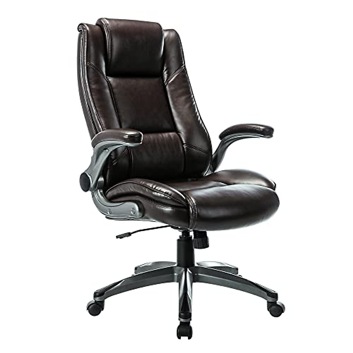 COLAMY Office Chair High Back Leather Desk Chair, Flip-up Arms Adjustable Swivel Executive Chair Thick Padding for Comfort and Ergonomic Design for Home Office, Brown